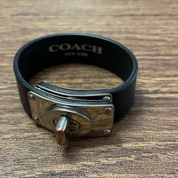 Coach | Jewelry | Coach Black And Silver Leather Cuff Bracelet | Poshmark